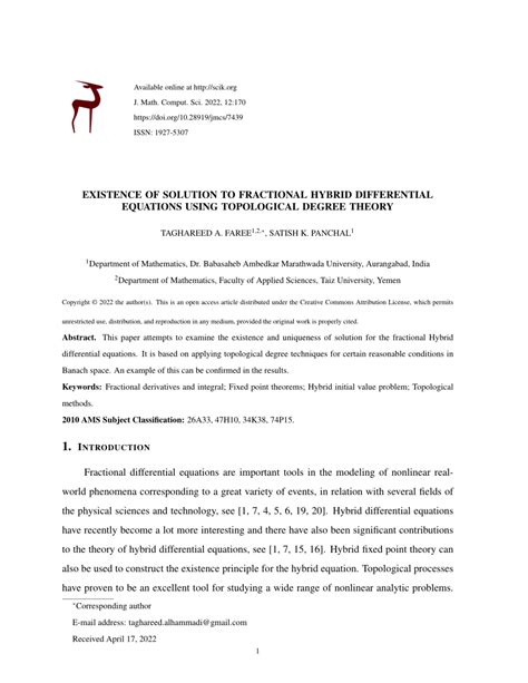 Pdf Existence Of Solution To Fractional Hybrid Differential Equations Using Topological Degree