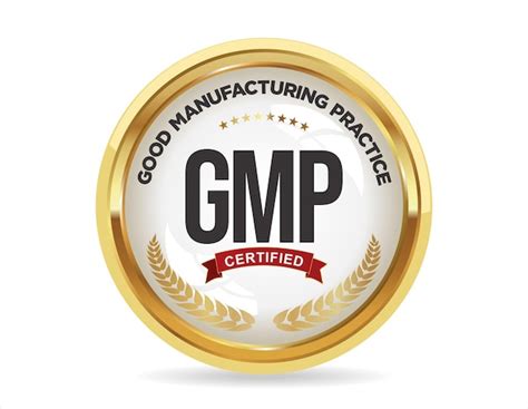 흰색 바탕에 Gmp Good Manufacturing Practice 인증 금 스탬프 프리미엄 벡터