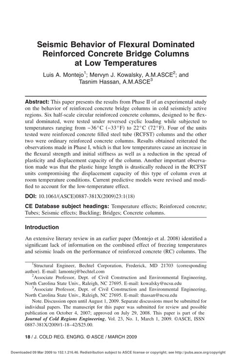 Pdf Seismic Behavior Of Flexural Dominated Reinforced Concrete Bridge Columns At Low Temperatures