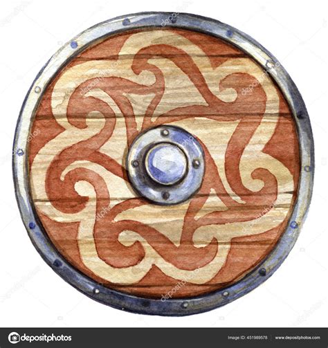 Watercolor Shield Of Scandinavian Vikings With Solstice Ornament Stock