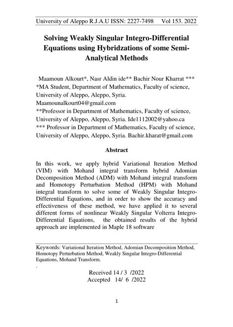 PDF Solving Weakly Singular Integro Differential Equations Using Hybridzations Of Some Semi