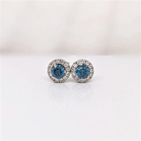 Blue Diamond Earrings W Natural Diamonds In Solid 14k White Gold Round