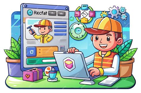 Happy Cartoon Man Working On A Laptop Smiling And Looking At The Screen He Is Wearing A Yellow