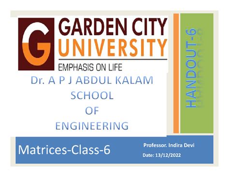 Mathematics Handout 6 Linear Algebra And Calculus Matrices Class Professor Indira Devi