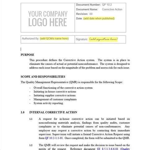 ISO CORRECTIVE ACTION Template With Log And Procedure Section Etsy