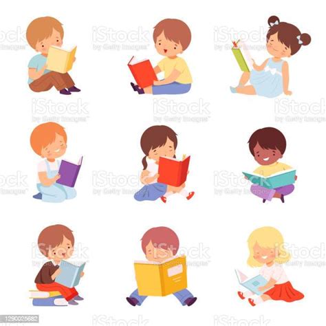 어린 아이들은 책 세트를 읽고 귀여운 소년과 소녀는 바닥에 앉아 문학 만화 스타일 벡터 일러스트의 독서를 즐기고 공부에 대한