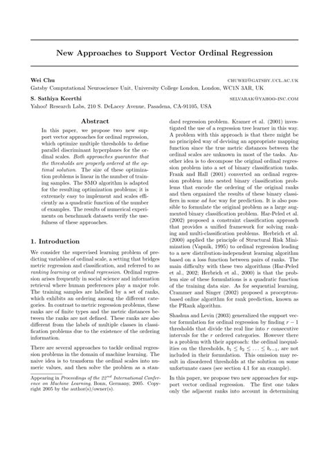 Pdf New Approaches To Support Vector Ordinal Regression