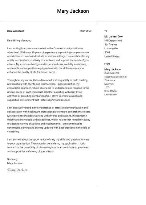 Care Assistant Cover Letter Example For 2024 Free Templates