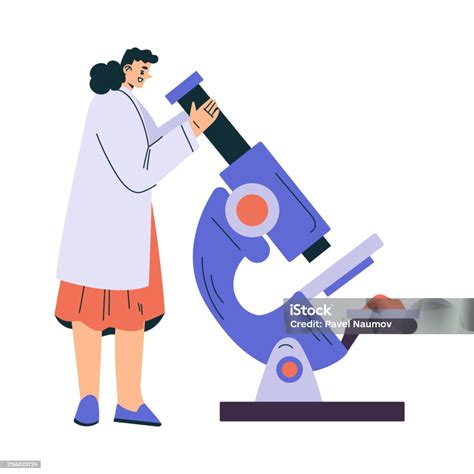 여성 의사 특성 로서 직업적인 병원 노동자 모양 에서 현미경 벡터 삽화 간호사에 대한 스톡 벡터 아트 및 기타 이미지 간호사