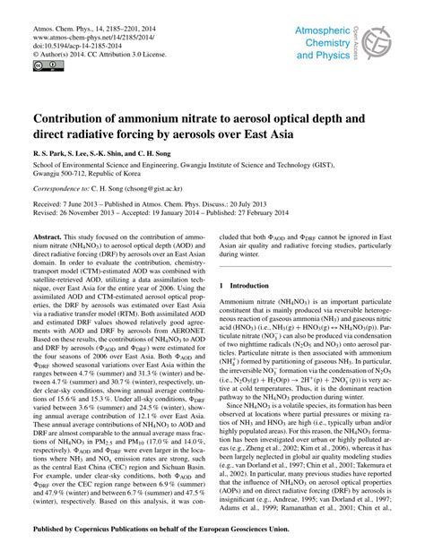 Pdf Contribution Of Ammonium Nitrate To Aerosol Optical Depth And Direct Radiative Forcing By