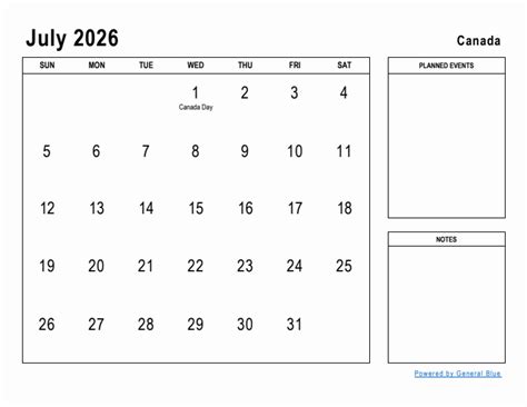 July 2026 Monthly Calendars With Canada Holidays