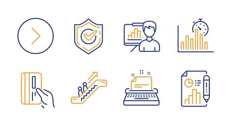 결제 카드 보고서 타이머 및 앞으로 아이콘이 설정됩니다 프리젠 테이션 보드 타자기 및 에스컬레이터 표지판 벡터 계단에 대한 스톡 벡터 아트 및 기타 이미지 Istock