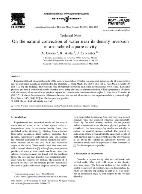 Pdf On The Natural Convection Of Water Near Its Density Inversion In An Inclined Square Cavity