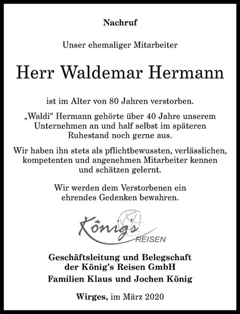 Traueranzeigen Von Waldemar Hermann Rz Trauer De