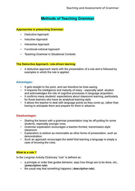 Teaching And Assessment Of Grammar Methods Of Teaching Grammar 1