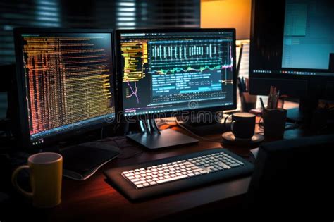 Desk With Two Computer Monitors And Keyboard Stock Illustration Illustration Of Hacker