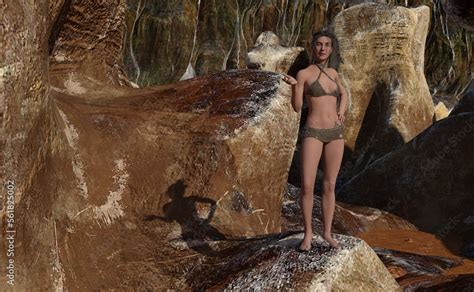 Illustration Of A Woman Standing On Rocky Terrain Wearing A Cavewoman