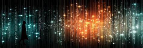 Silhouette Of A Person Merging With Streams Of Binary Code And Luminous Nodes In A Digital
