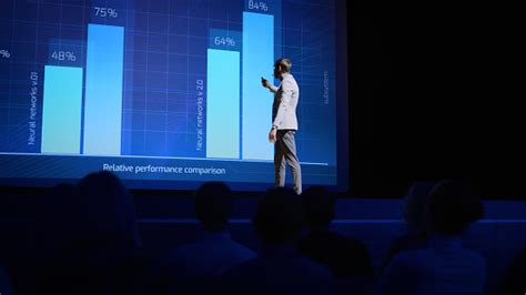 무대 위 스피커는 새로운 전자 제품의 프리젠 테이션을 수행 화면에 인포 그래픽 통계 애니메이션을 보여줍니다 오디토리움 홀 라이브 이벤트 스타트업 컨퍼런스 장치 프레젠테이션