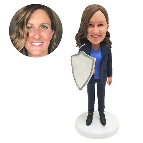 Customized Bobble Head Figure Office Lady Holding A Shield Bobblefigurine