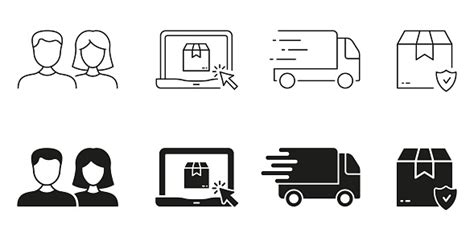 전자 상거래 온라인 상점 라인 및 실루엣 아이콘 세트 인터넷 슈퍼마켓 기호 컬렉션에서 주문하십시오 특급 배송 픽토그램 배달 상자 표시 고립된 벡터 삽화 가방에 대한 스톡