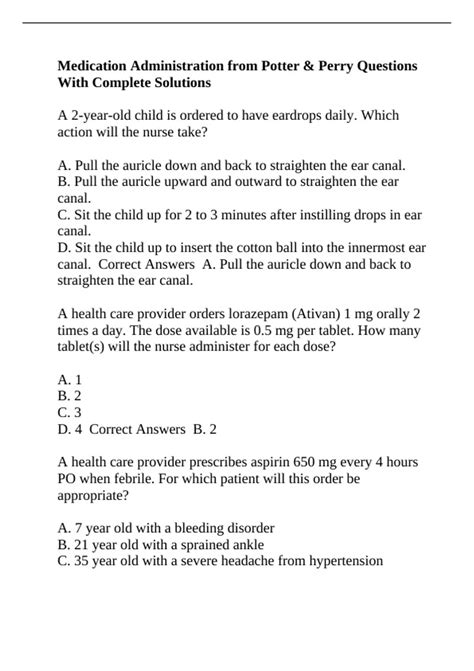 Medication Administration From Potter And Perry Questions With Complete Solutions Medication