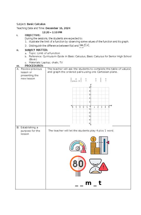 Lesson Plan Limit Of A Function Subject Basic Calculus Teaching Date And Time December 16
