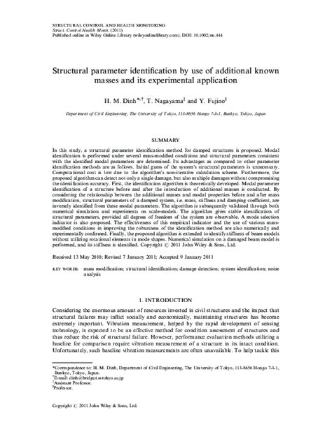 Pdf Structural Parameter Identification By Use Of Additional Known Masses And Its Experimental