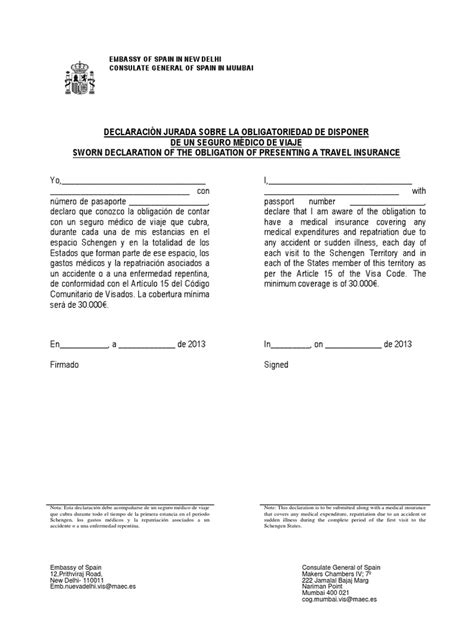 Sworn Declaration Form For Schengen Visa Application
