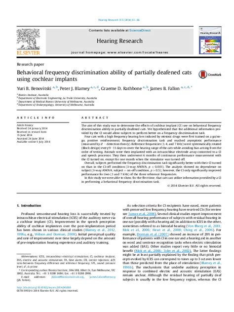 Pdf Behavioral Frequency Discrimination Ability Of Partially Deafened Cats Using Cochlear Implants