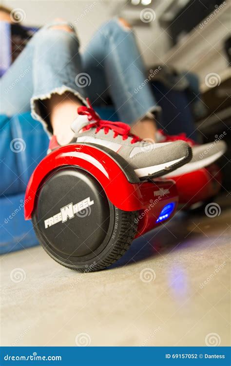 Girl Using A Red Self Balancing Two Wheeled Board The Gyroscope Based Dual Wheel Electric S