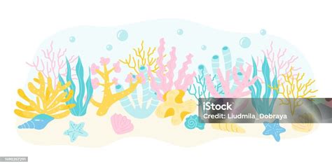 수중 세계 요소의 수평 구성 산호 식물 조류 초대장 엽서 표지 조개껍데기 벡터 그림입니다 해양 배경입니다 이국적인 산호초 배너 해초 조류에 대한 스톡 벡터 아트 및 기타