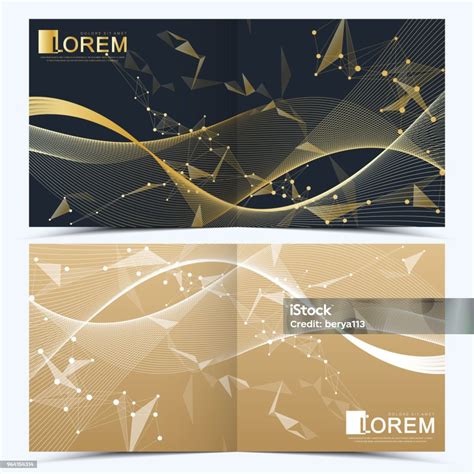 현대 벡터 평방 브로셔 전단지 전단지 커버 카탈로그 잡지 또는 연례 보고서에 대 한 템플릿 비즈니스 과학 및 기술 설계도 서 레이아웃입니다 황금 파도 함께 프레 젠 테이 션