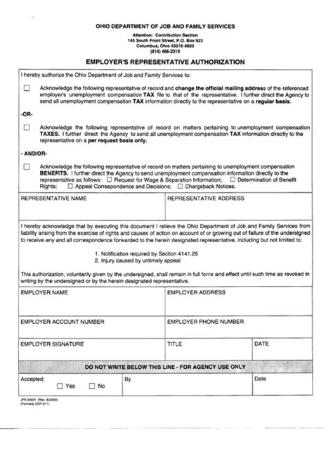 Form Jfs 00501 Employers Representative Authorzation Printable Pdf
