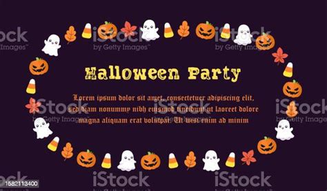 귀여운 할로윈 파티 초대장 템플릿입니다 타원형 할로윈 프레임 테두리 디자인에는 만화 유령 잭 오 랜턴 호박 사탕 옥수수가 있습니다 소셜 미디어 배너 벡터 일러스트레이션 10