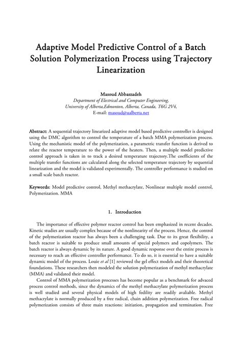 Pdf Adaptive Model Predictive Control Of A Batch Solution Polymerization Process Using