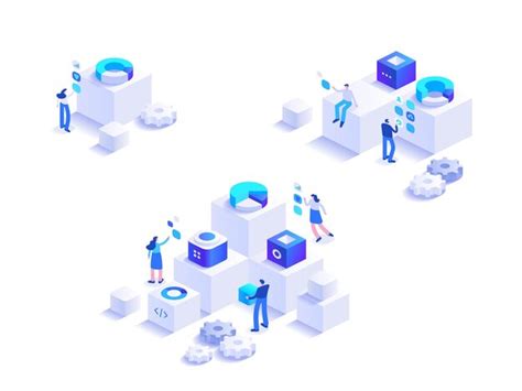 처음부터의 개발 추상 아이소메트릭 개념 비즈니스 전략 단계적 기술 생성 시스템 확장 조직 합병증 아이소메트릭 디자인의 벡터 문자 그림 프리미엄 벡터