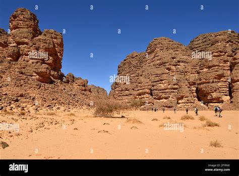 Hikers Group Of People Hiking In A Canyon Tassili Najjer National