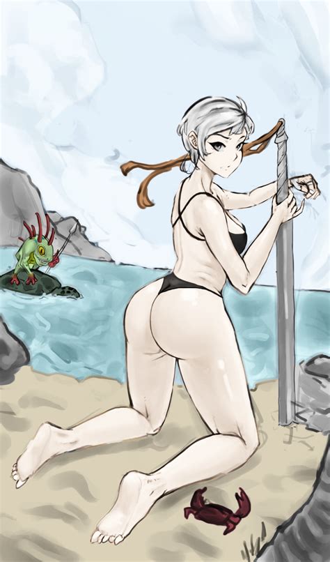 Rule 34 Bathing Suit Beach Bikini Elsie Westenra Human Kneeling Murloc Sword White Hair World