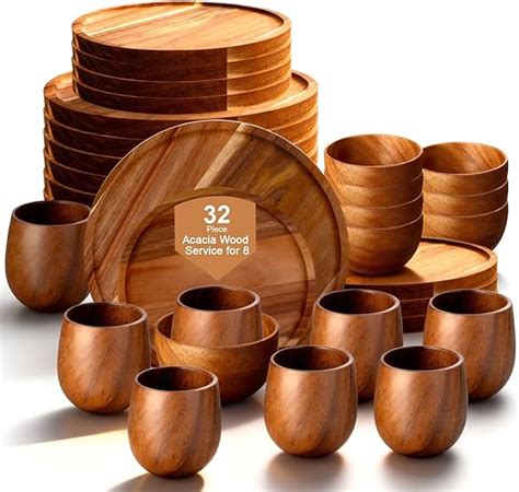 32pcs Acacia Wood Dinnerware Set Unbreakable Wooden