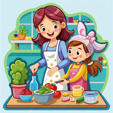 Una Imagen De Dibujos Animados De Una Madre Y Su Hija Cocinando En Una