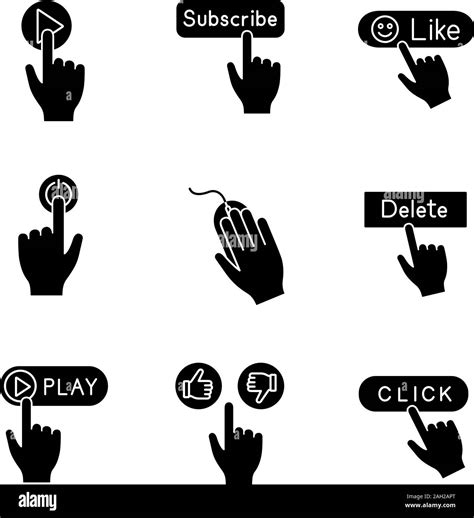 App Buttons Glyph Icons Set Click Play Subscribe Like Power