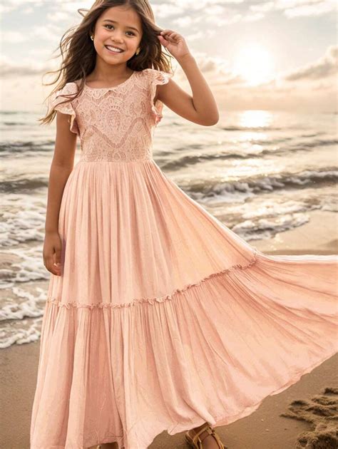 Tween Girl Summer Holiday Contrast Lace Cap Sleeve Dress With Ruffled