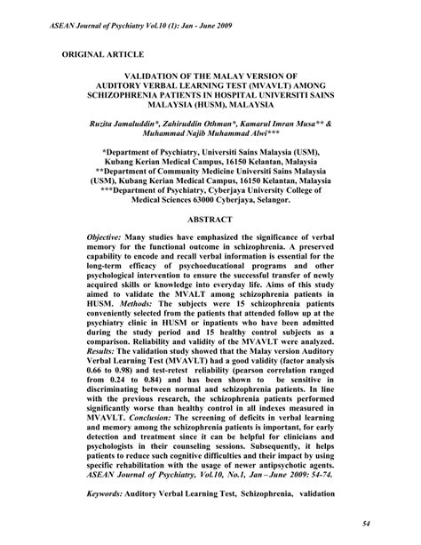 Pdf Validation Of The Malay Version Of Auditory Verbal Learning Test