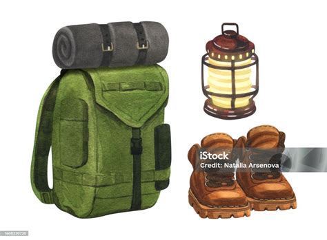 수채화 그룹 녹색 배낭 부츠 및 램프 손으로 그린 그림은 흰색 배경에 분리되어 있습니다 관광 하이킹 야외 레크리에이션 캠핑을 주제로 한 디자인 구성 개체 그룹에 대한 스톡