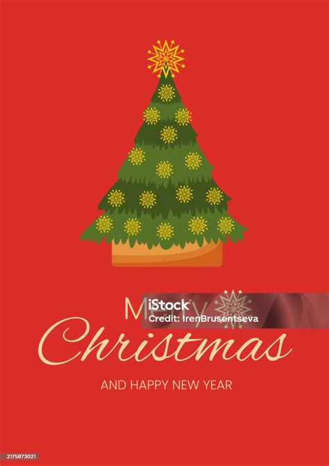 메리 크리스마스와 새해 인사말 카드 통하고 있는 빨간 배경에 노란 눈송이로 장식 된 크리스마스 트리 벡터 일러스트 레이 션 0명에 대한 스톡 벡터 아트 및 기타 이미지