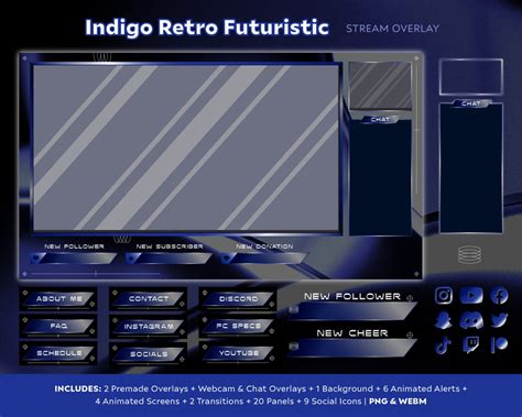 Animated Twitch Kick Stream Overlay Package Retro Futuristic Simple Chrome Indigo Blue