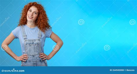 Cheerful Motivated Accomplished Attractive Redhead Curly Haired Ginger Girl Hold Hands Waist
