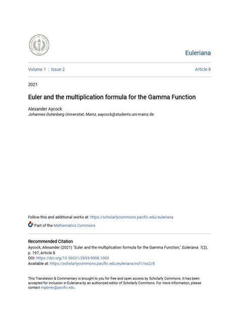 Euler And The Multiplication Formula For The Gamma Function Pdf