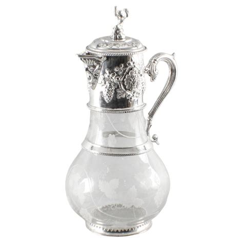 Vintage Large English Silver Plated And Glass Claret Jug 20th C For